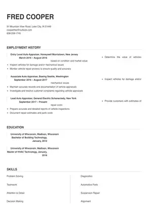 Auto Appraiser Resume Sample & Tips | Online Resume Builder